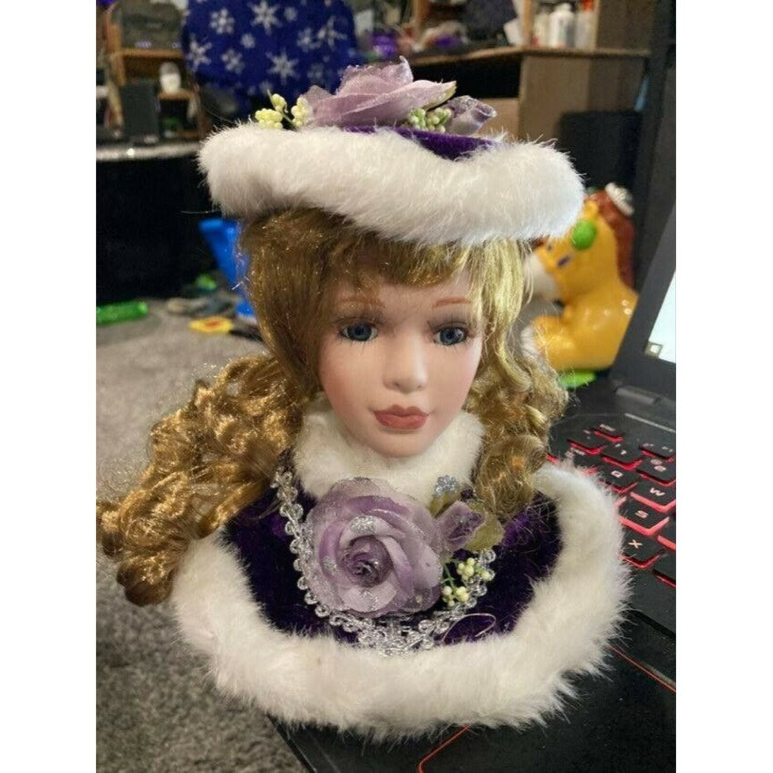 Porcelain Doll Head Shoulders Beautiful Purple Hat and Shawl Blond Hair ...