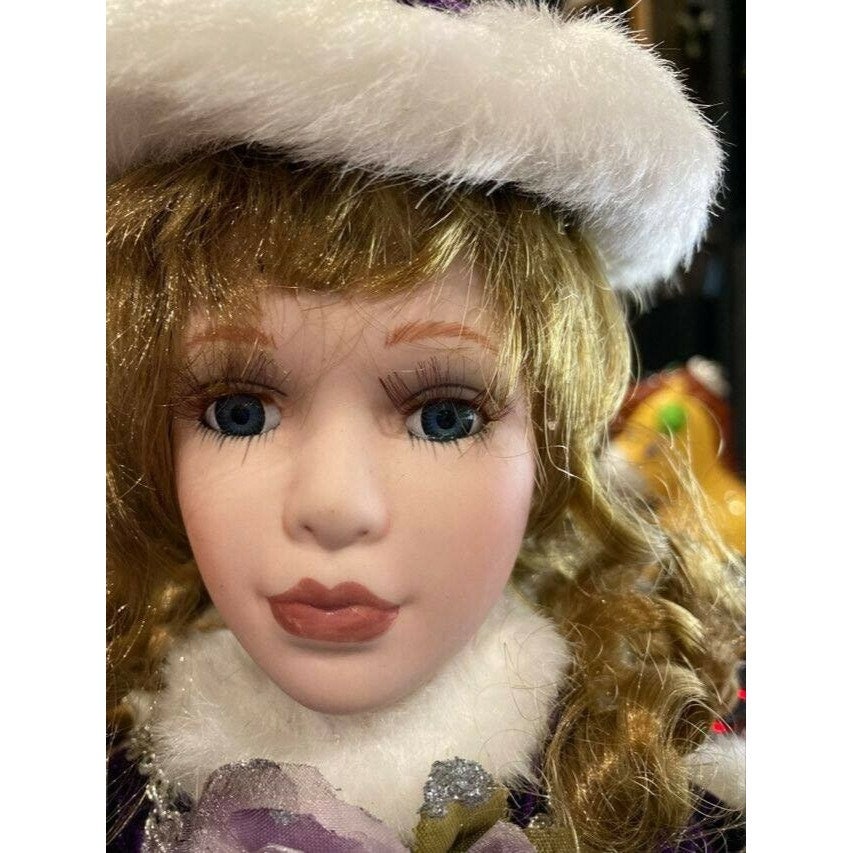Porcelain Doll Head Shoulders Beautiful Purple Hat and Shawl Blond Hair ...