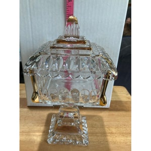 Vintage Clear Glass Square Pedestal Candy Dish W/ Lid and Gold Accents ...
