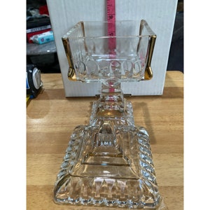 Vintage Clear Glass Square Pedestal Candy Dish W/ Lid and Gold Accents ...