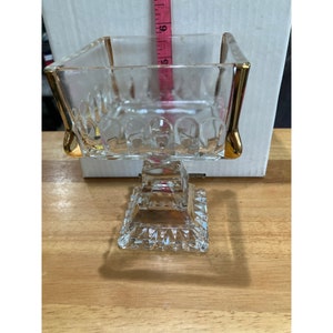 Vintage Clear Glass Square Pedestal Candy Dish W/ Lid and Gold Accents ...