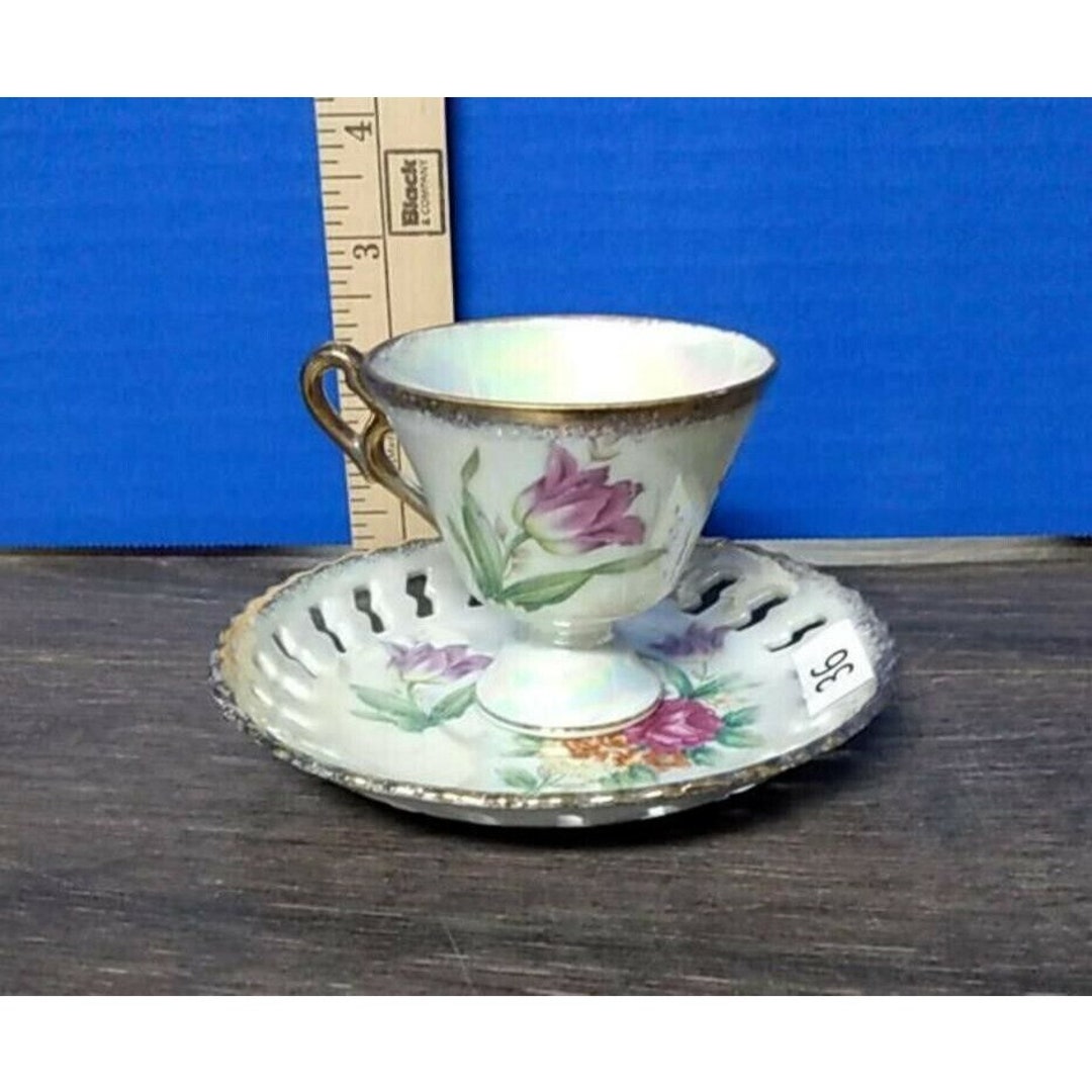 Vintage INARCO Tea Cup & Saucer Iridescent Floral Pattern W/ Gold Trim ...