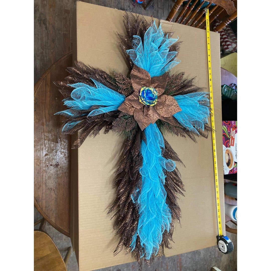 Handcrafted Mesh Cross Wall Decor With Blue & Brown Accents - Etsy
