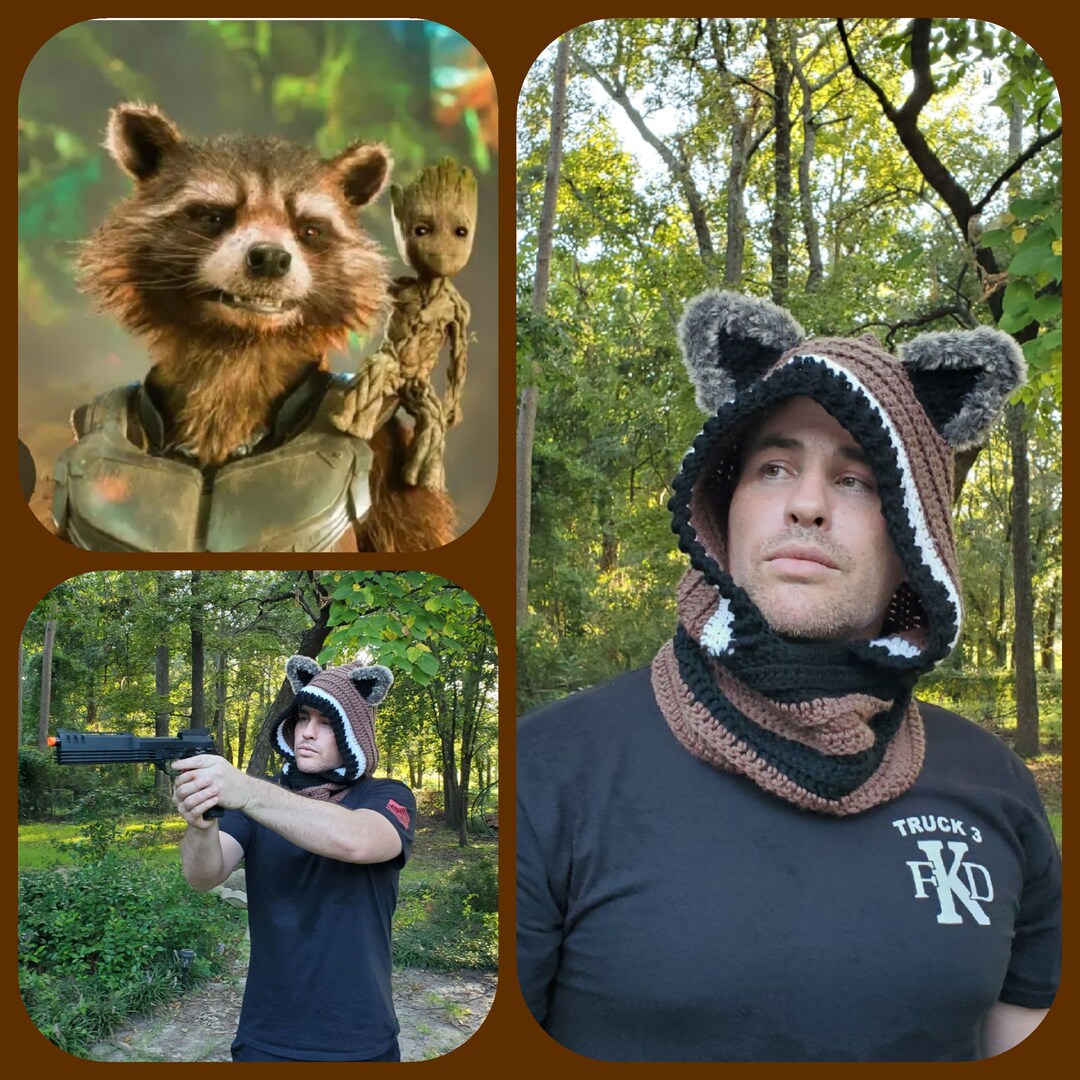 Fun Crochet Rocket Raccoon Guardians Hood Scarf, Cosplay, Cowl, Animal ...