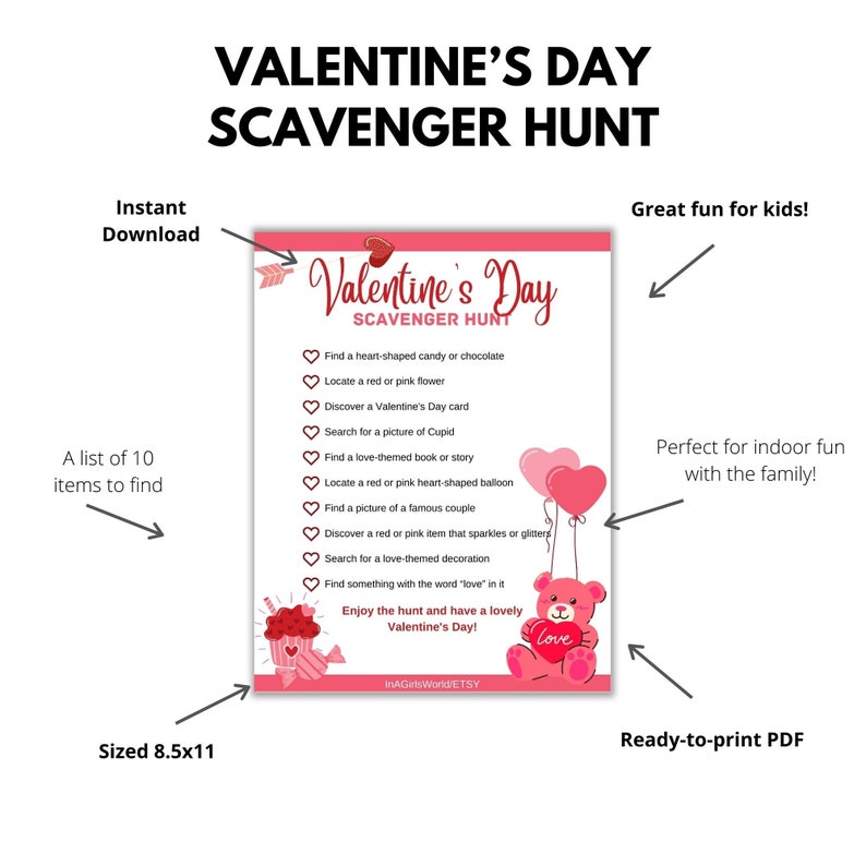 Valentine's Day Scavenger Hunt Printable, Fun Indoor Treasure Hunt for ...
