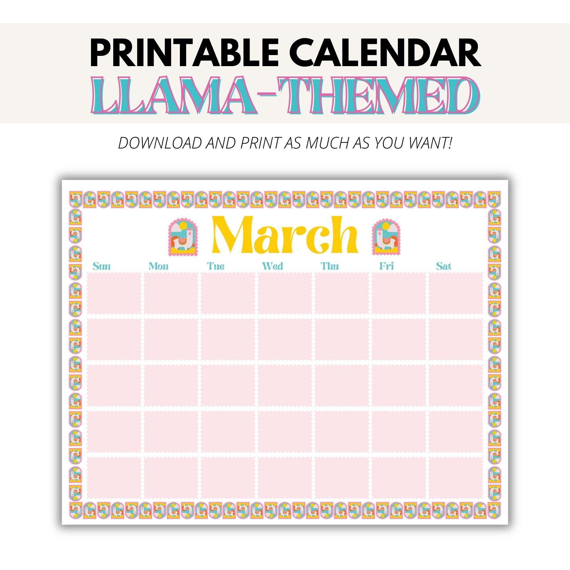 Printable Llama Calendar, Llama Printables, Monthly Calendar, Calendar ...