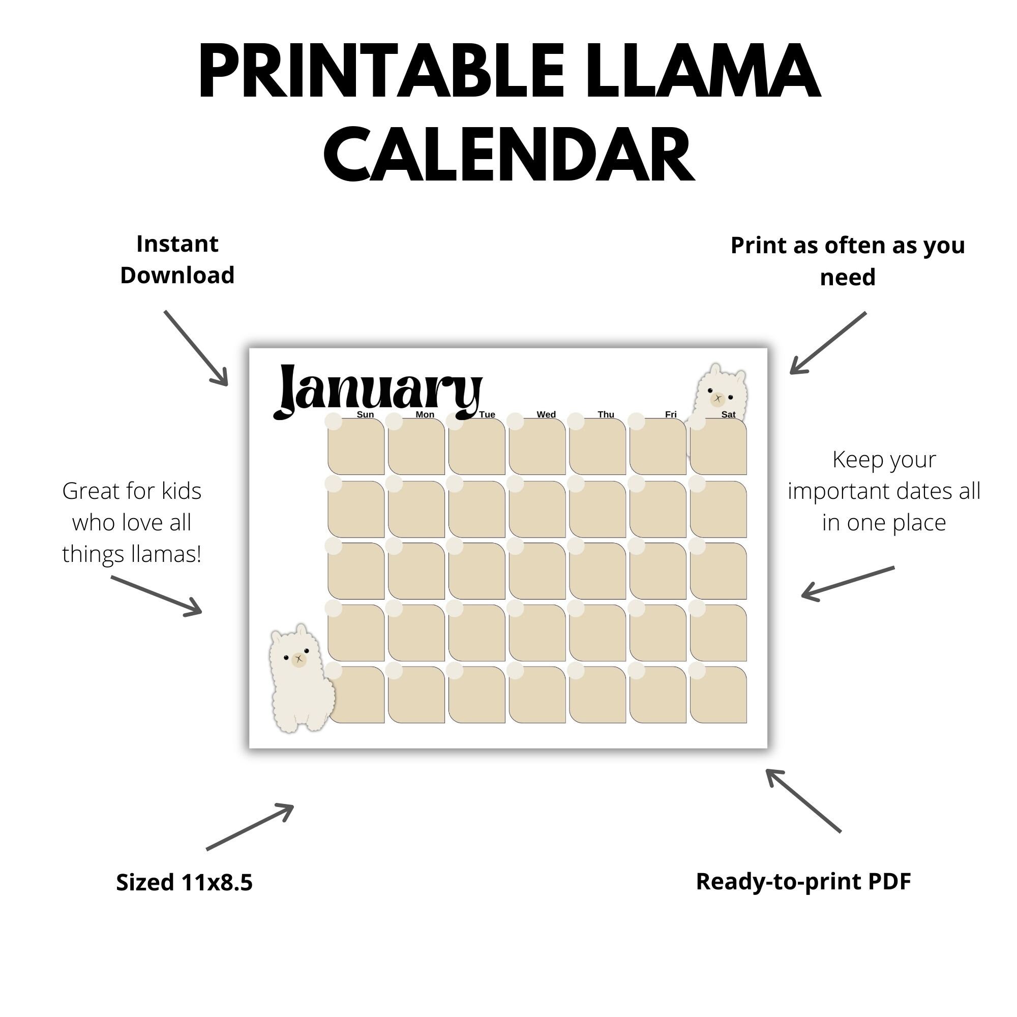 Llama Calendar Printable, Calendar for Kids, Llama Printables, Monthly ...
