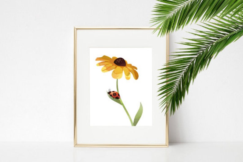 Ladybug and Sunflower Art ~ Sunflower Watercolor Print ~ Ladybugs and ...