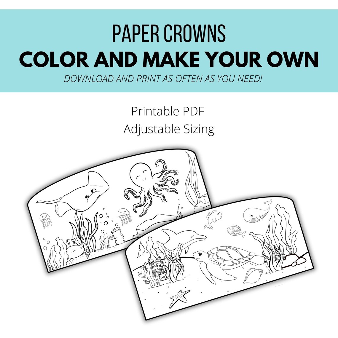 Ocean Animal Paper Crown, Printable Crown Kids, Paper Crown Kids, Kids ...