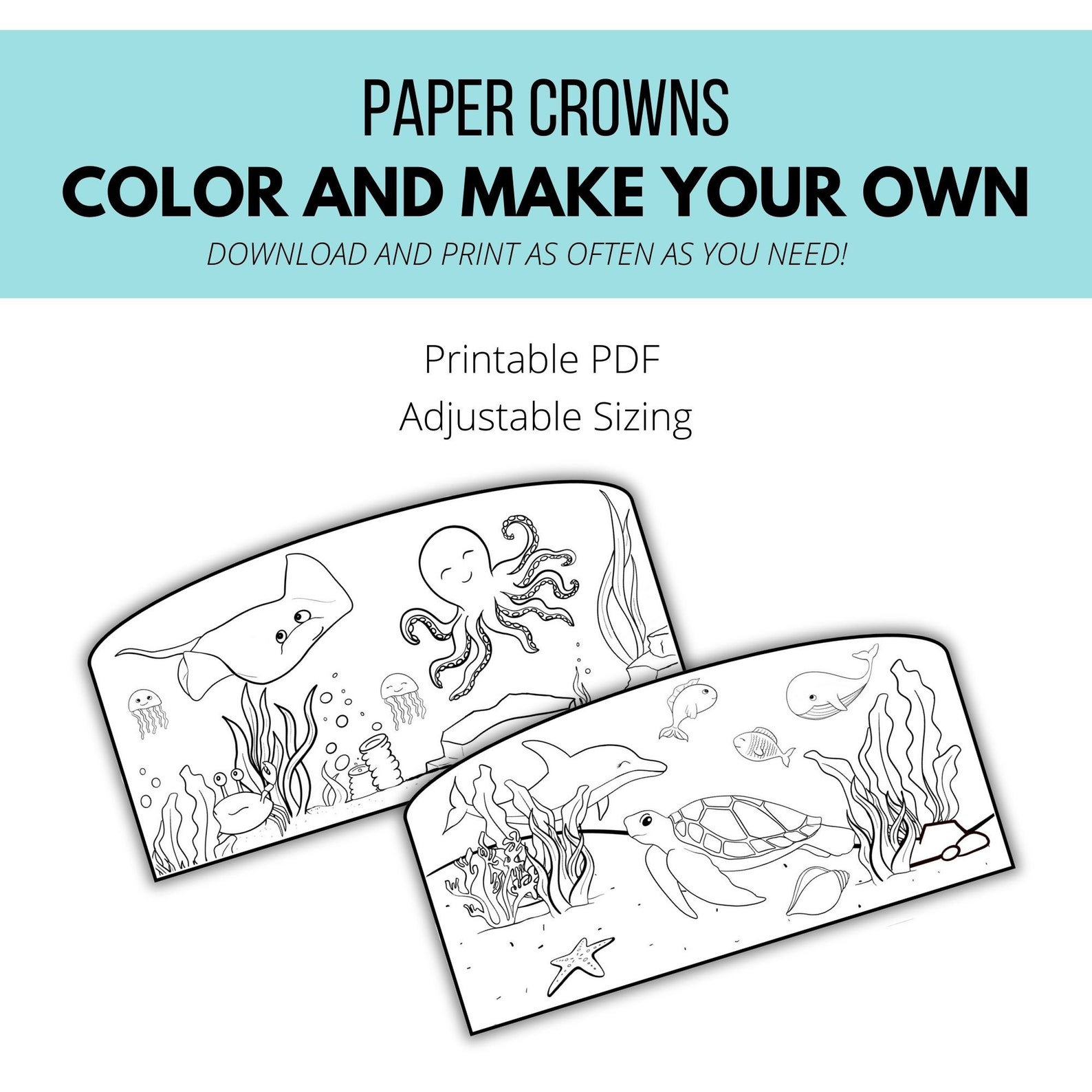 Ocean Animal Paper Crown, Printable Crown Kids, Paper Crown Kids, Kids ...