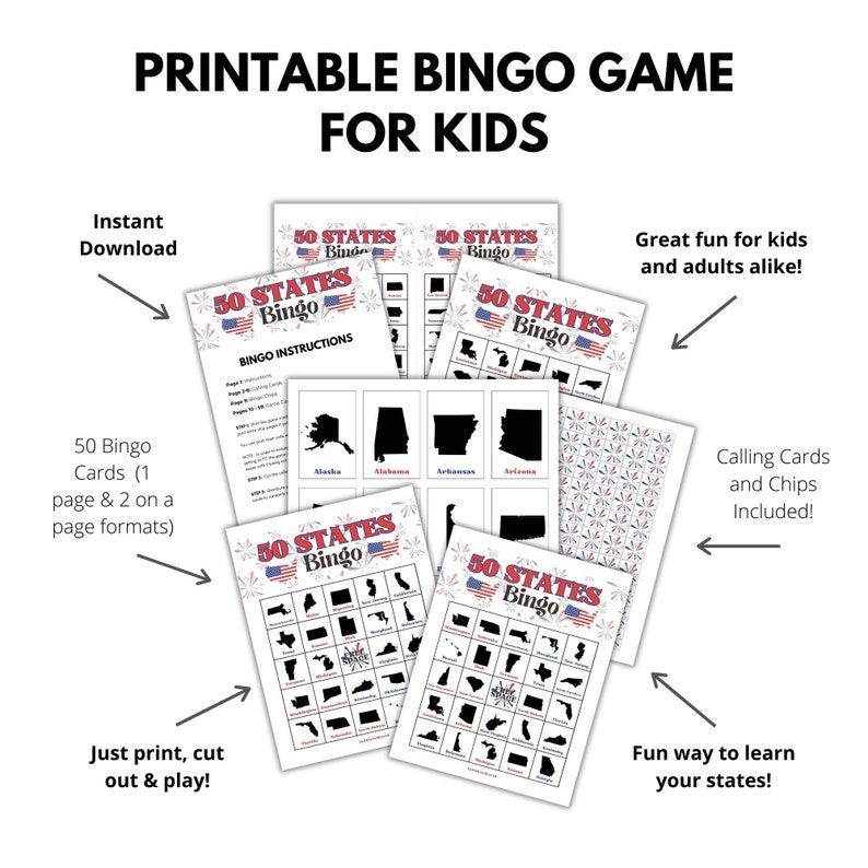 Fifty States Bingo, Bingo Cards for Kids, Educational Games, US State ...