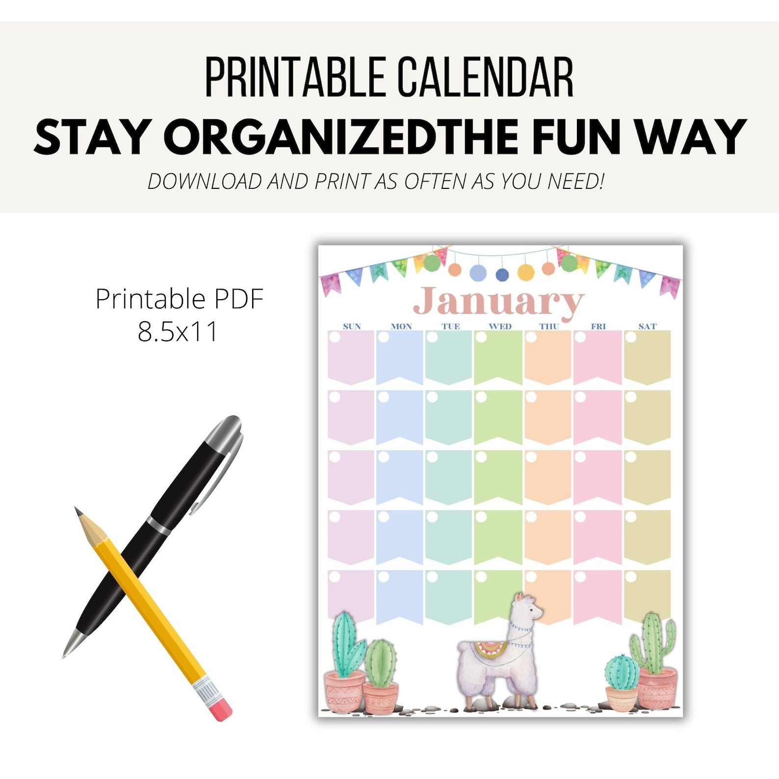Llama Calendar for Kids: Monthly Printable (PDF) - Etsy