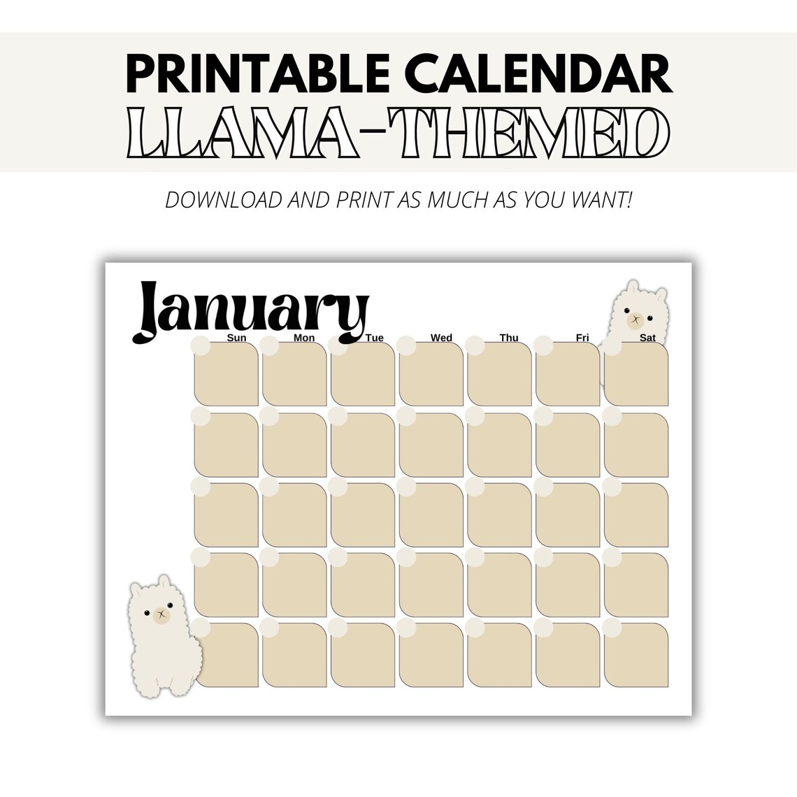 Llama Calendar Printable, Calendar for Kids, Llama Printables, Monthly ...