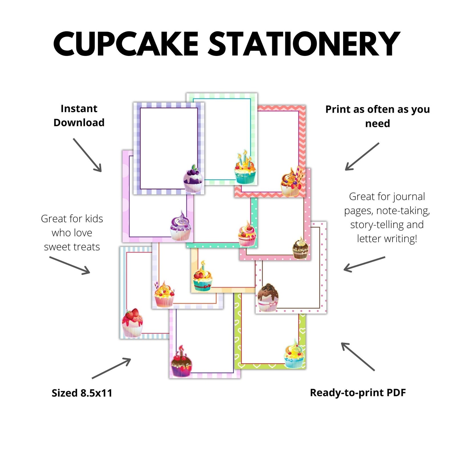 Watercolor Cupcake Stationery: Kids' Printable Writing Paper (8.5x11 ...
