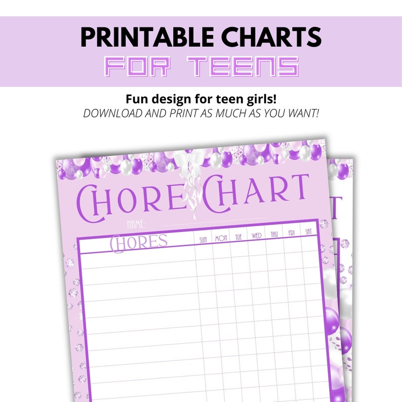 Teen Chore Chart & Reward Chart Set: Purple Balloon Design (digital ...