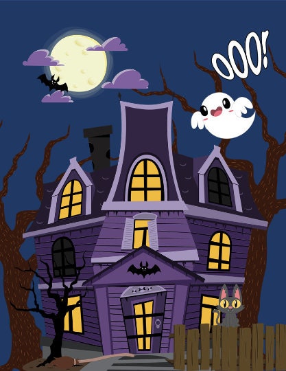 Printable Halloween Art Haunted House Print Cute, Spooky Halloween Art ...