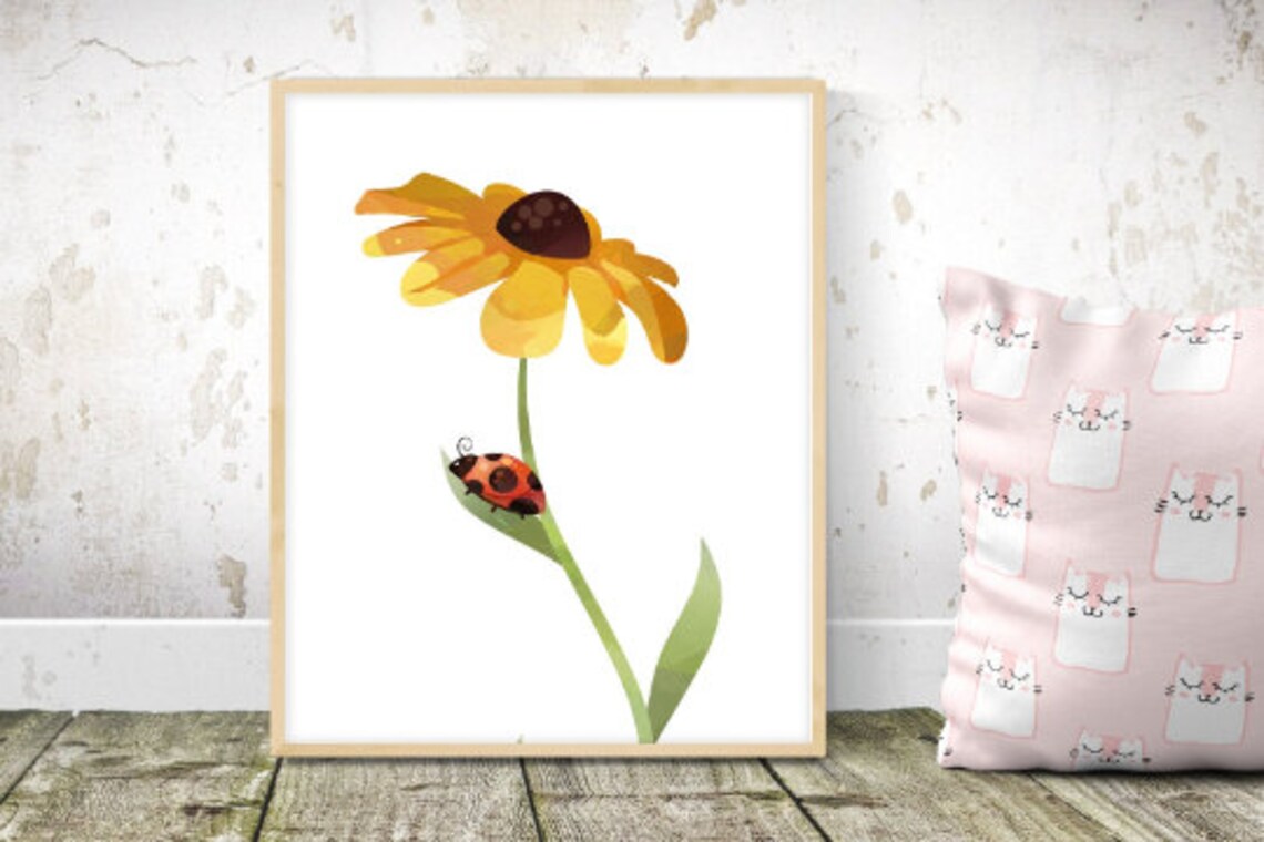 Ladybug and Sunflower Art Sunflower Watercolor Print Ladybugs and ...