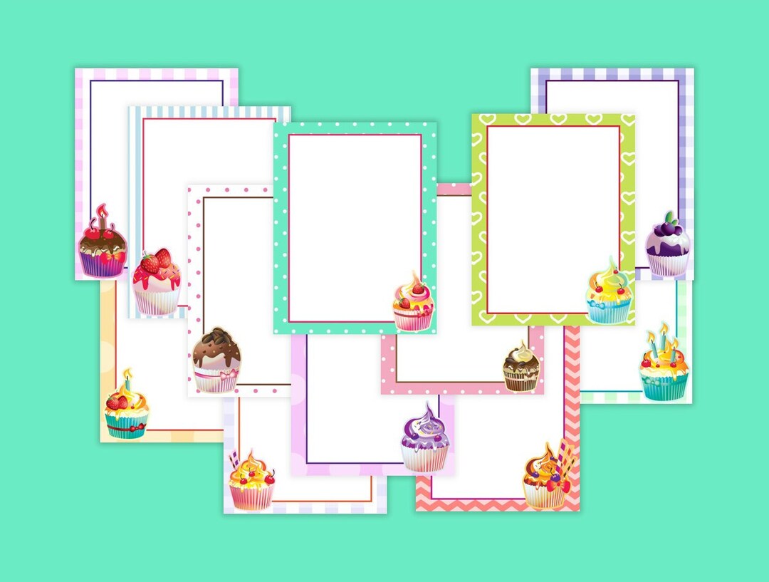 Printable Stationery 8.5x11 Set for Kids Watercolor Cupcakes Writing ...