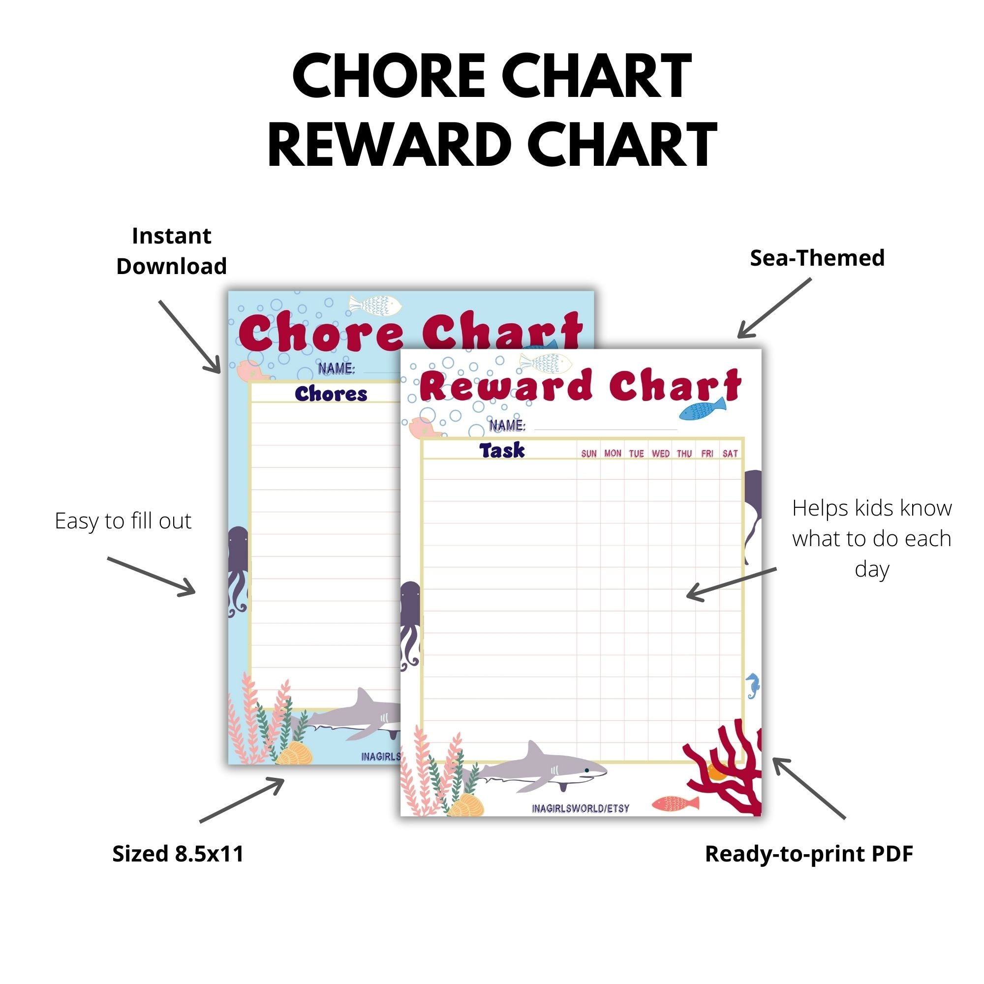 Chore Chart & Reward Chart Set Chore Chart Printable for Kids Daily ...