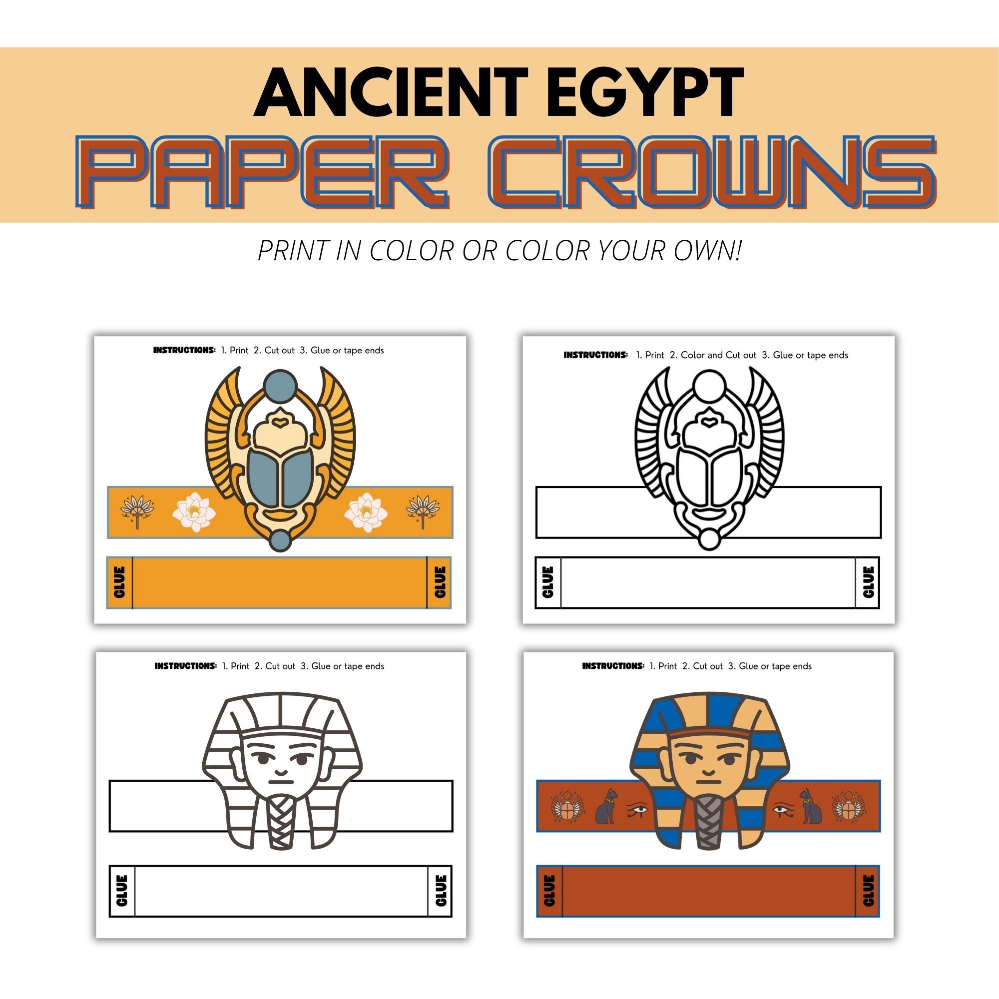 DIY Ancient Egyptian Paper Crown Craft Kit: Colorful Printable Headband ...