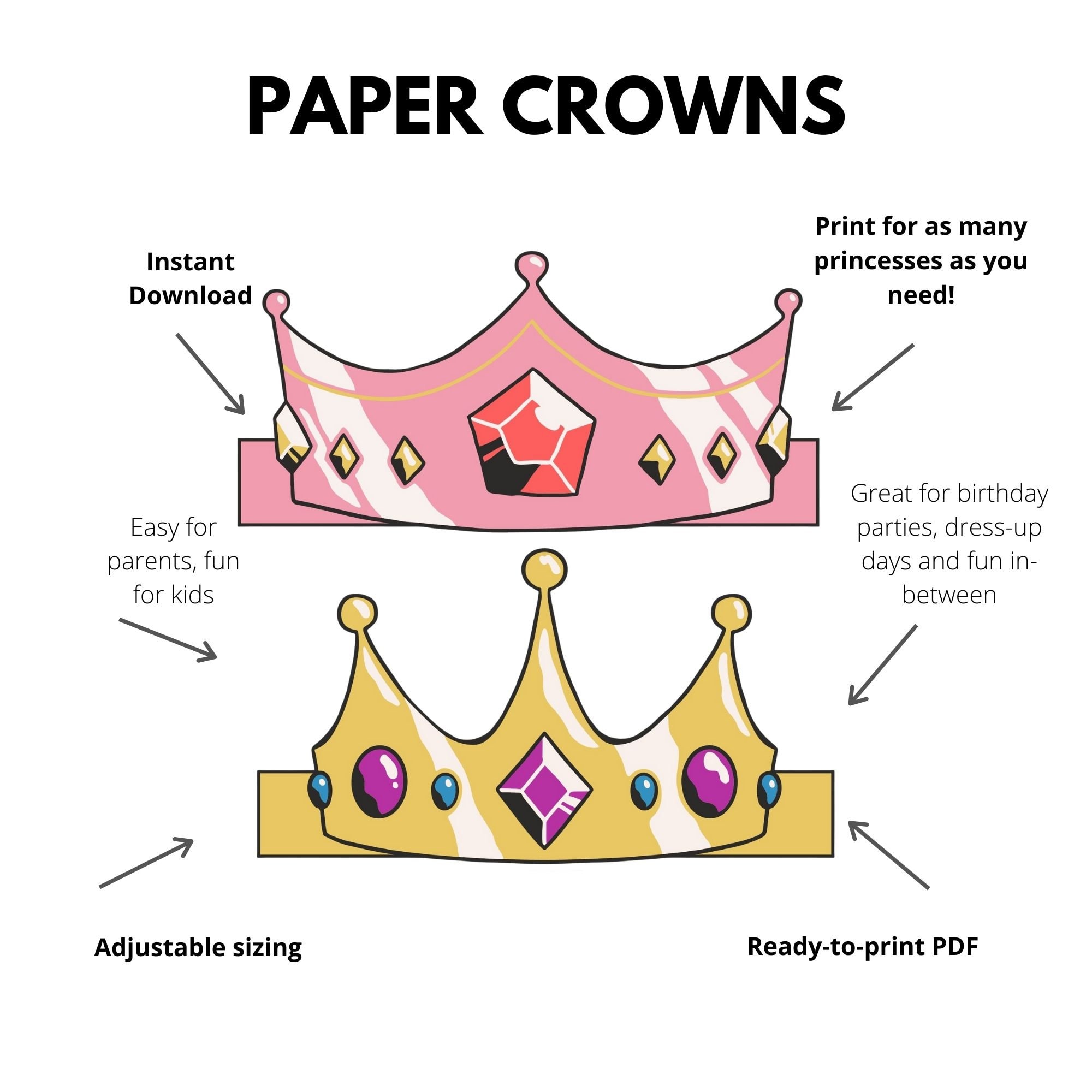 Princess Paper Crown DIY: Kids Birthday Party Hats (PDF Download) - Etsy