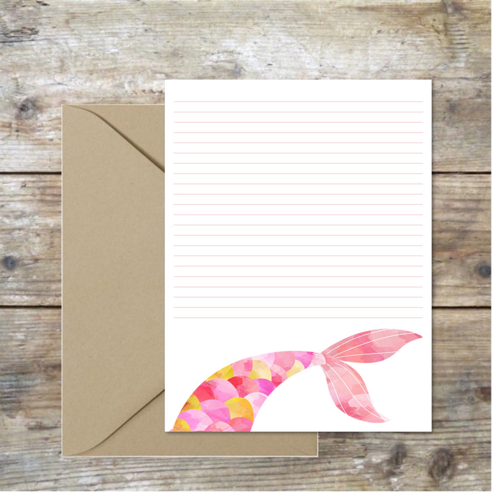 Mermaid Writing Paper ~ Mermaid Tail Stationery ~ Watercolor Mermaid Digital Paper ~ Mermaid ...