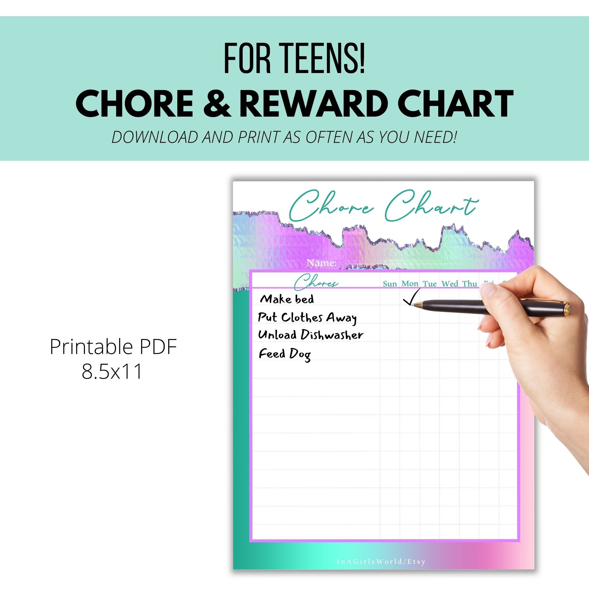 Chore Chart for Teens Chore Chart & Reward Chart Set Responsibility ...
