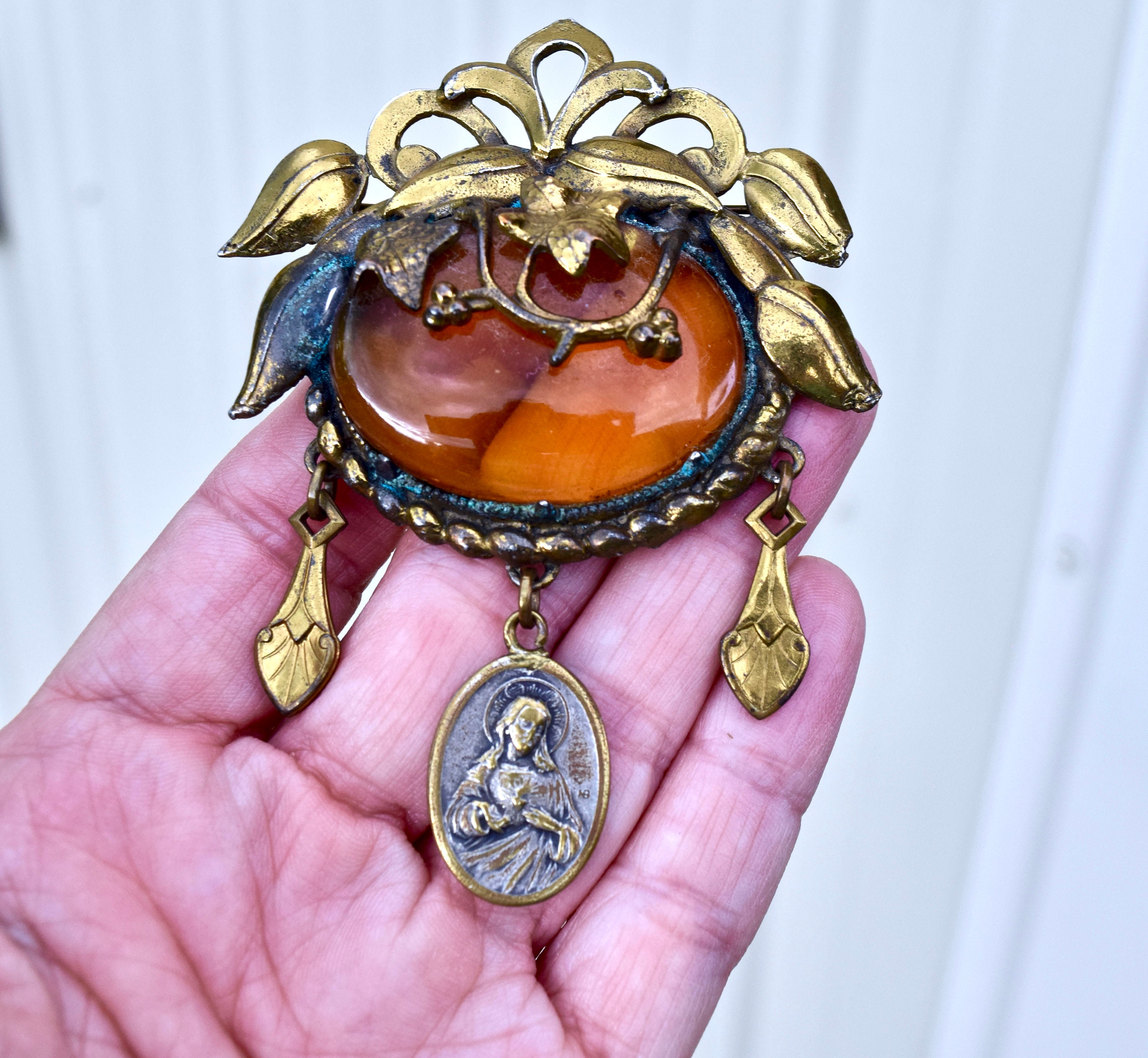 1008 Brass and Amber Colored Glass Brooch - Etsy