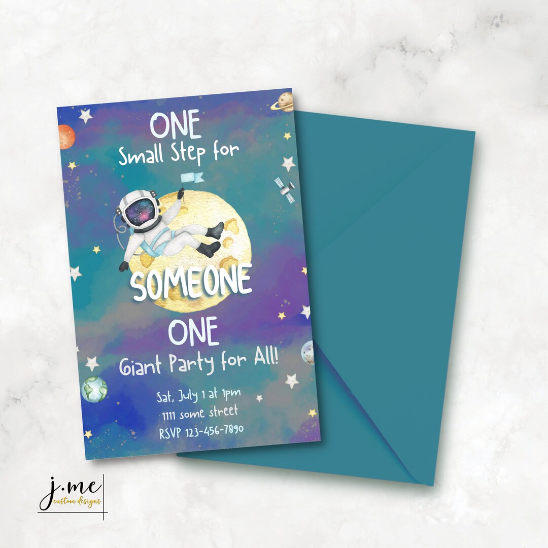 First Birthday Invitation Template ONE Small Step Space-themed Birthday ...