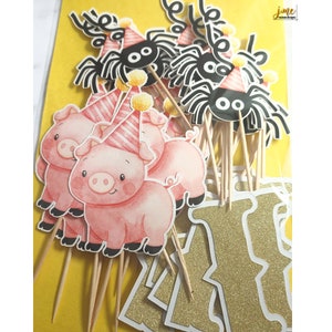 Cupcake Toppers Pink Gold Spider and Pig Design Birthday Party Cupcake ...