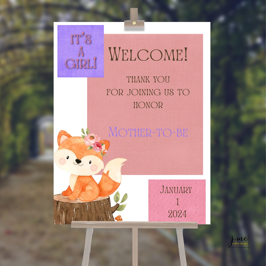 Baby Shower Welcome Sign Woodland Fox Pink Purple Retro Welcome Sign ...