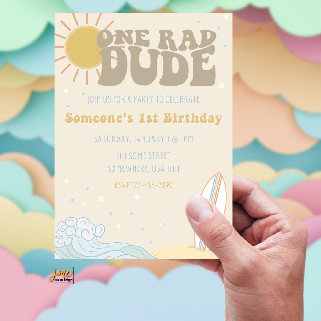 One Rad Dude Invitation Template Retro Surfer Theme First Birthday ...