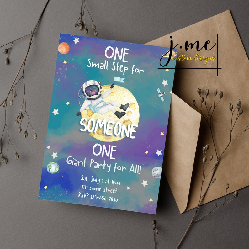 First Birthday Invitation Template ONE Small Step Space-themed - Etsy