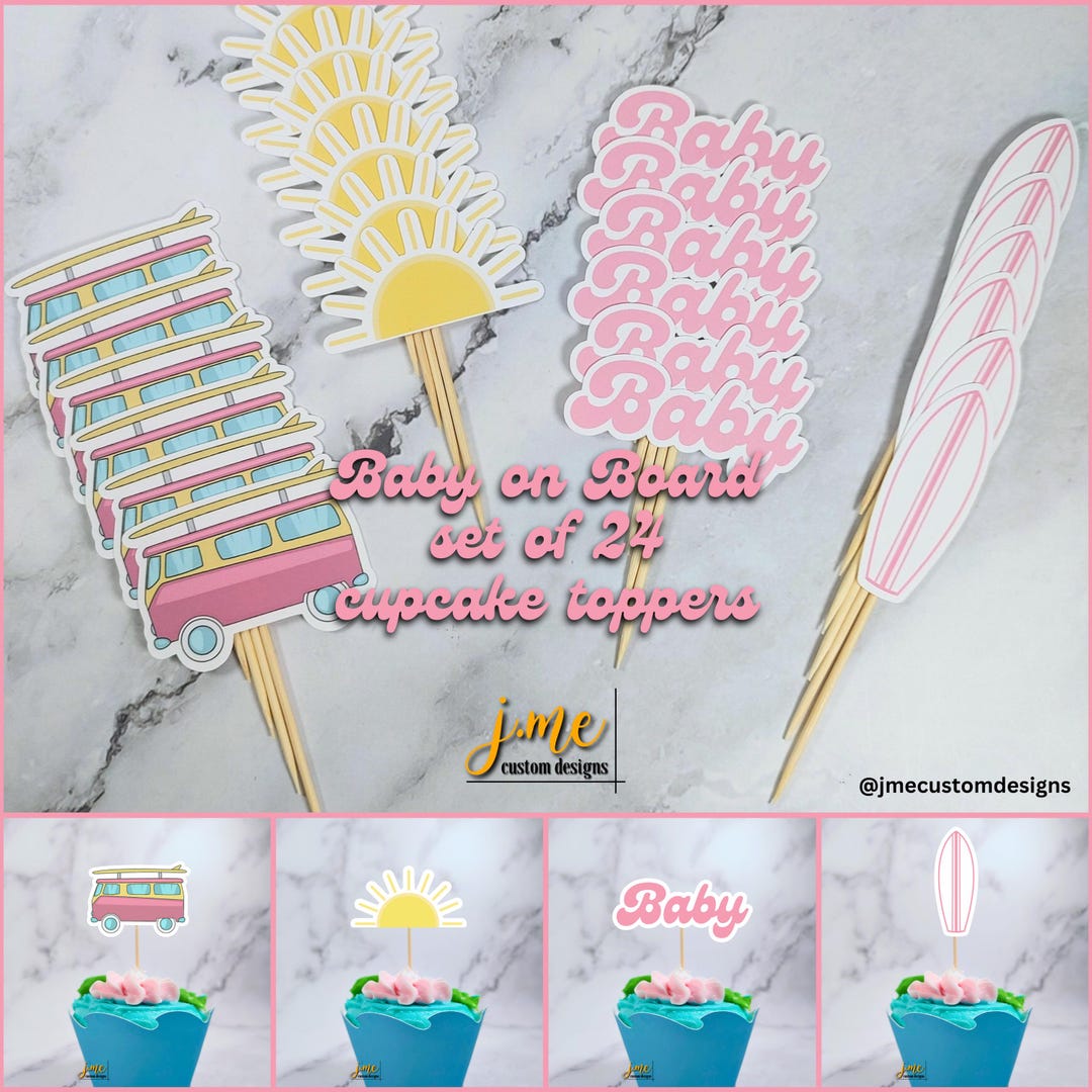 Baby on Board Cupcake Toppers Retro Surfer Girl Theme Baby Shower Decor ...