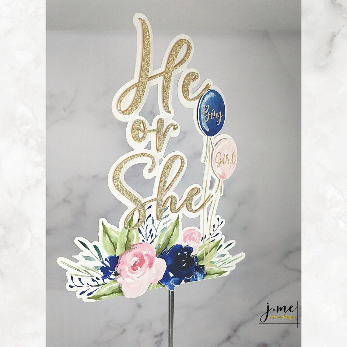 Gender Reveal Cake Topper He or She Party Decor Navy and Blush Glitter ...