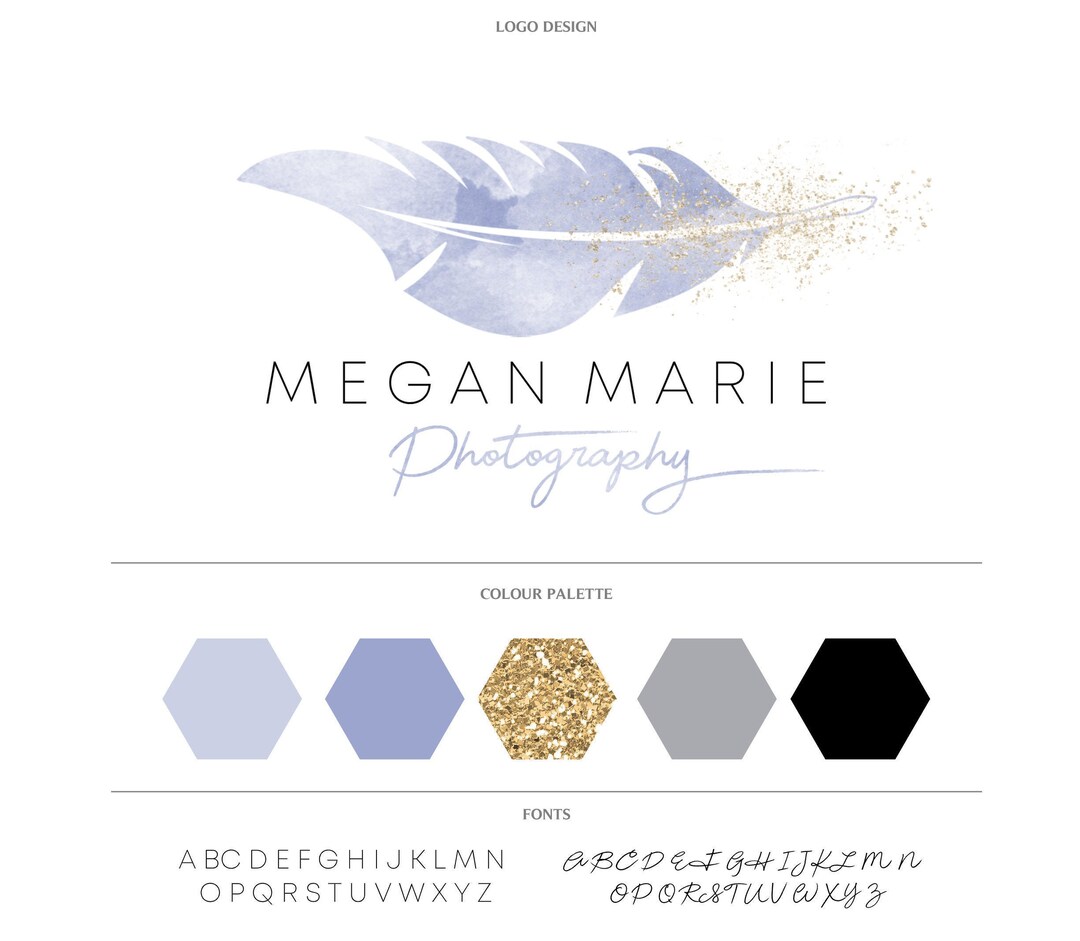 Watercolor Feather Logo Dusty Blue Gray Watercolor Logo Gold Beauty ...