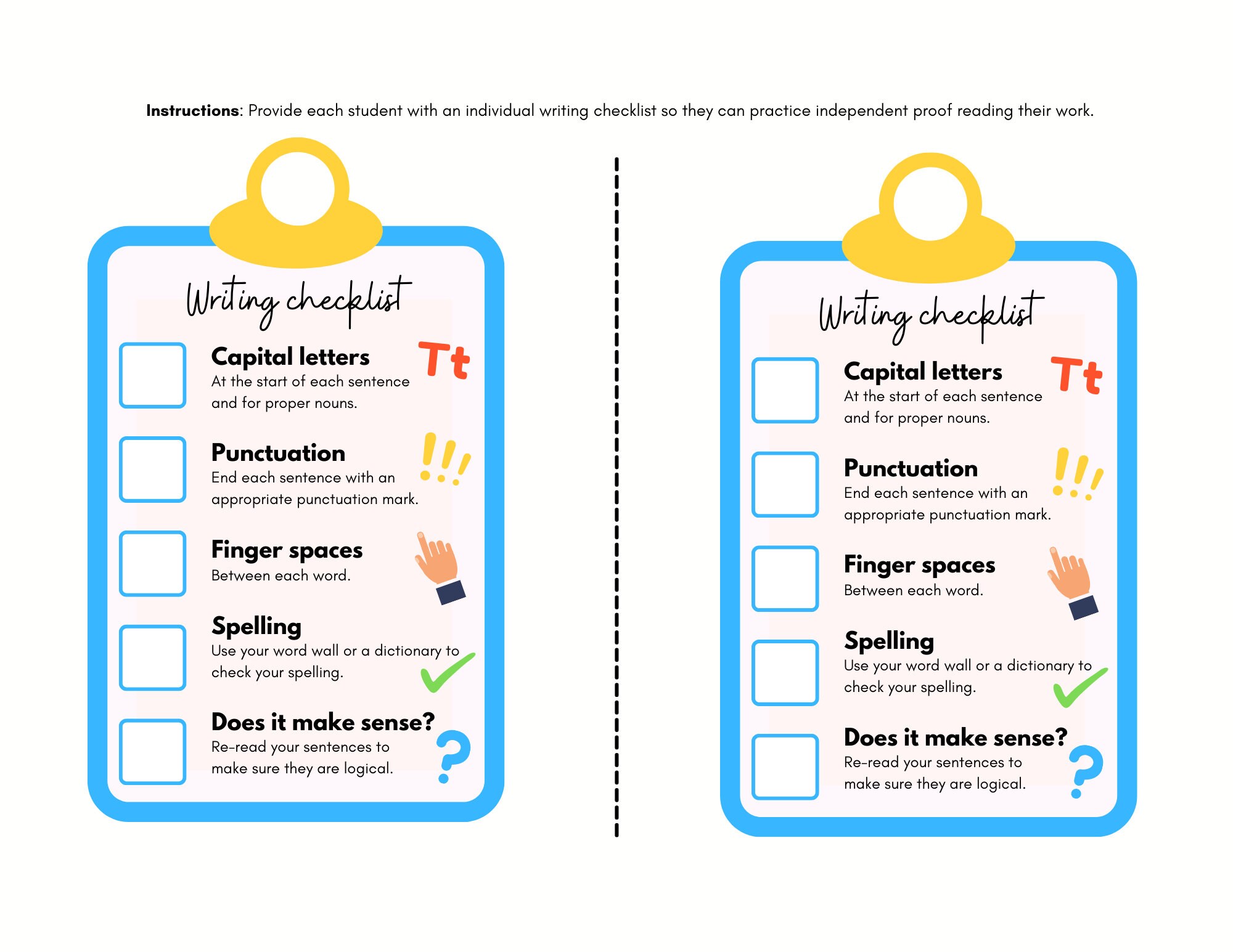 Peer Editing Checklist Elementary