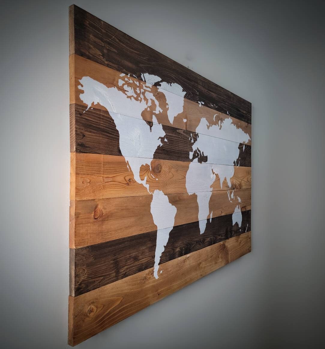 Wooden World Map | World Map on Wood | Wood Planks | White Map | Wall ...
