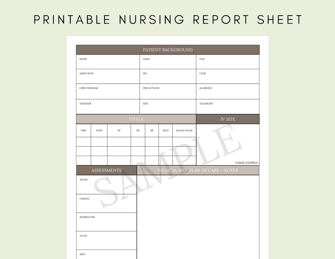 Nurse Report Sheet - Nursing Shift SBAR Hand-off Report Printable ...