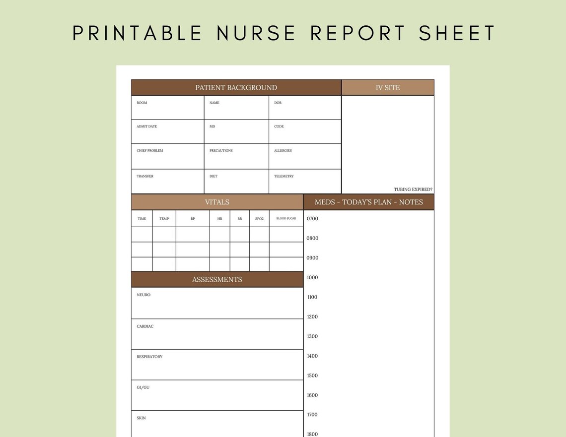 Nurse Report Sheet - Nursing Shift SBAR Hand-off Report Printable ...