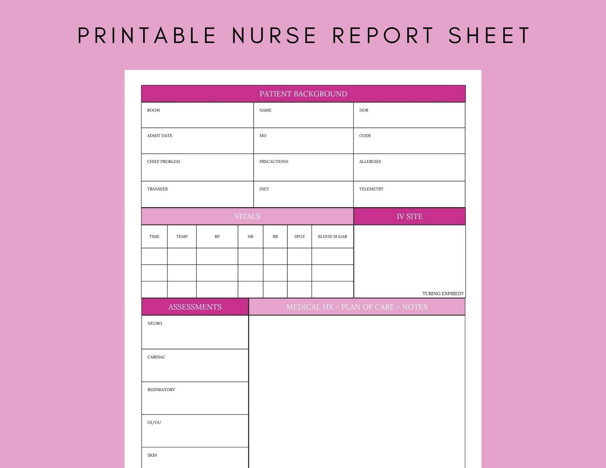Nurse Report Sheet - Nursing Shift SBAR Hand-off Report Printable ...