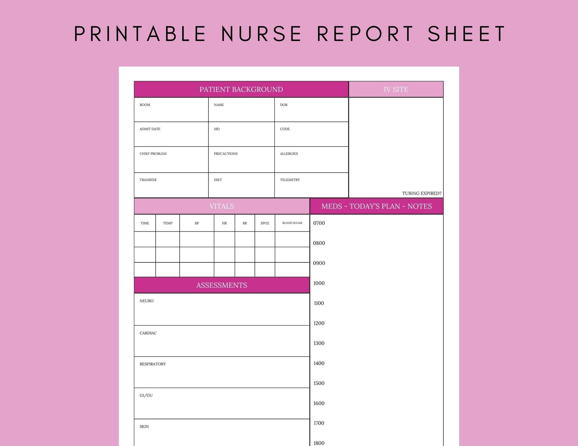 Nurse Report Sheet - Nursing Shift SBAR Hand-off Report Printable ...