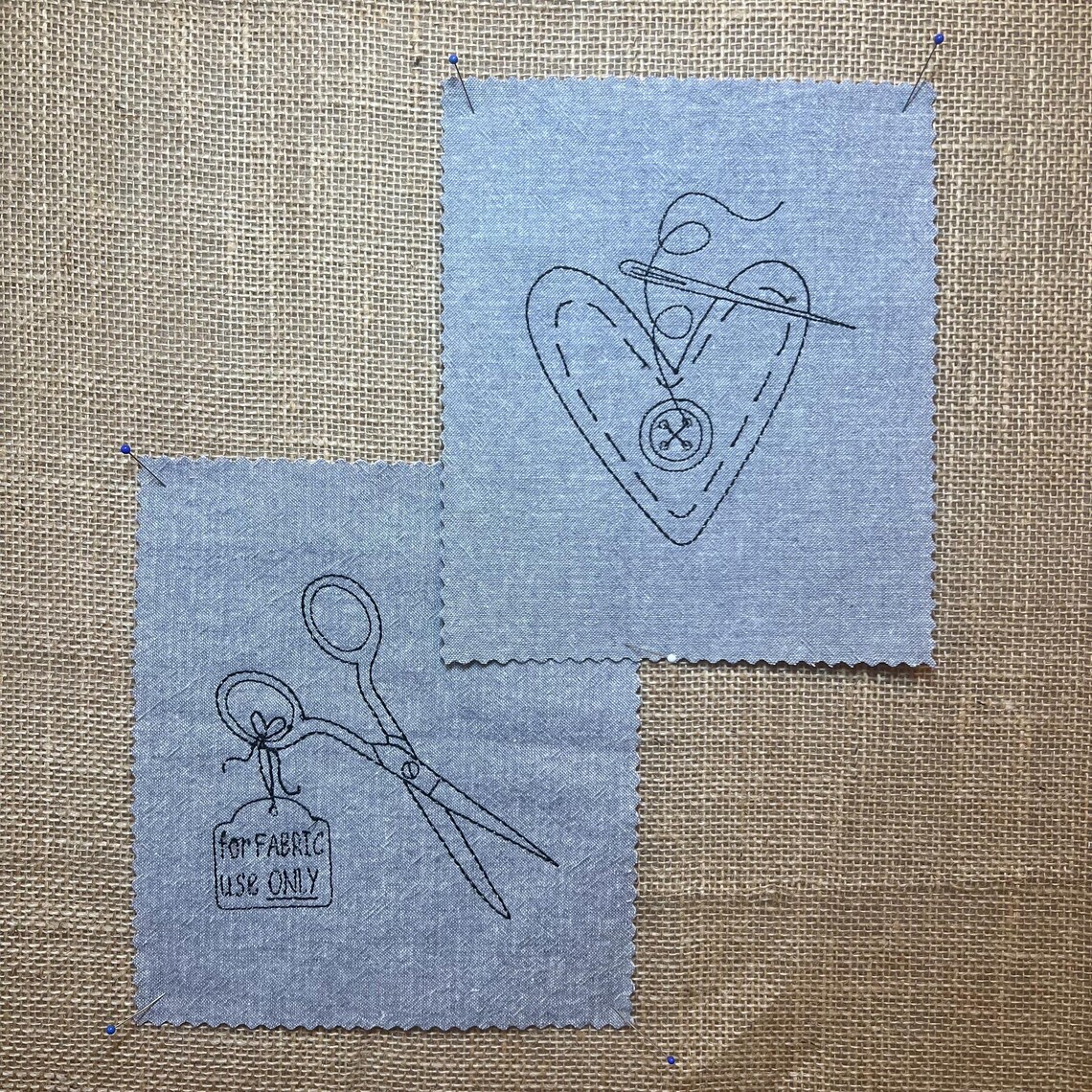 Scissor and Stitched Heart Embroidery Panels, Machine Embroidered ...