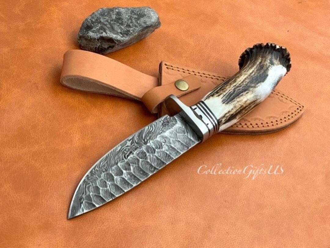 CROWN- Custom Order Hand Forged Fire Damascus Stag Crown Hunting Knife ...