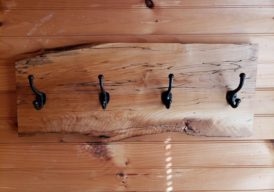 Live Edge Spalted Maple Coat Rack With Four Black Iron Coat Rack Hooks ...