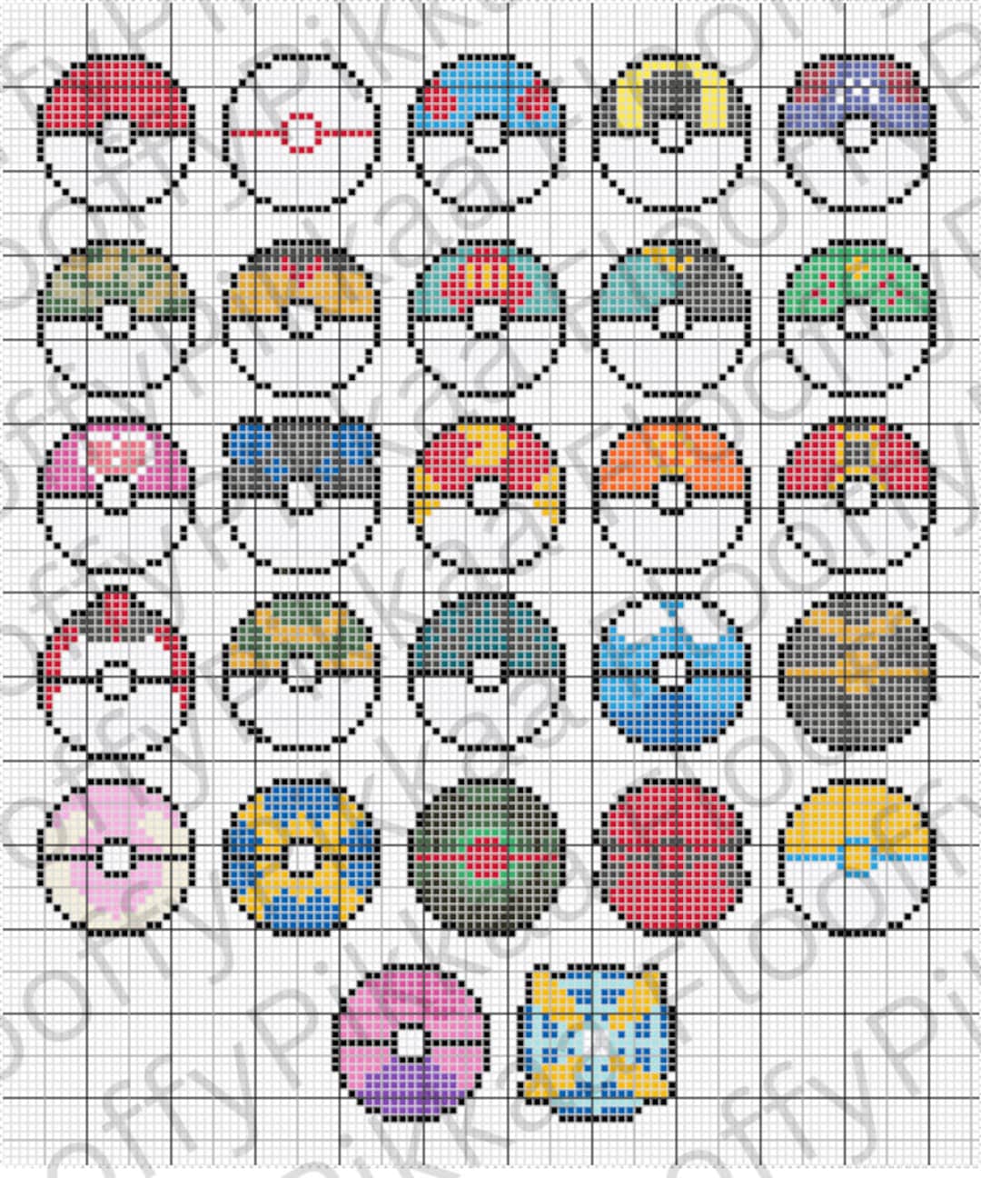 All 27 Pokeballs Cross Stitch PATTERN ONLY 21cm X 25cm - Etsy