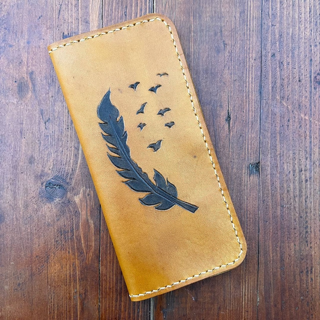 Yellow Long Leather Wallet Feather Pattern Minimalist Leather Women ...