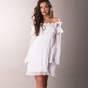 White off the Shoulder Pleated Dress/ Ruffle Flared A-line Dress/ Sexy ...