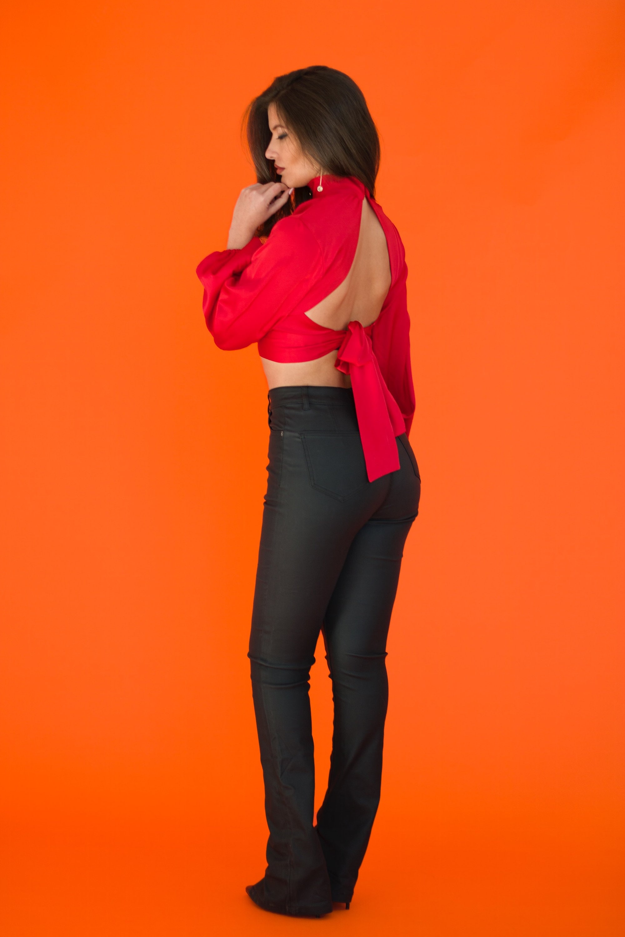 Formal Red Satin Shirt/ Sexy Open Back Crop Top/ Long Puff Sleeves ...