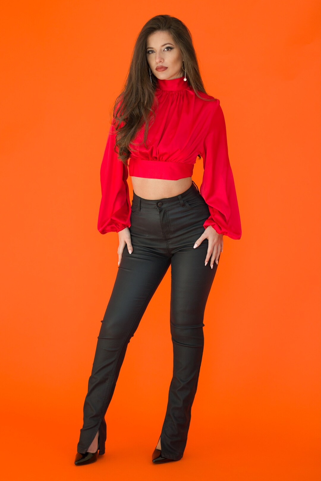 Formal Red Satin Shirt/ Sexy Open Back Crop Top/ Long Puff Sleeves ...